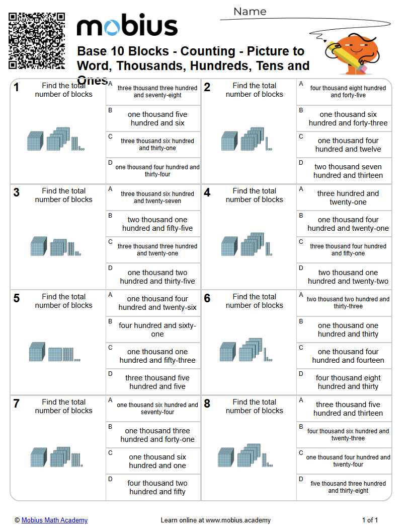 Base 10 Blocks - Counting - Picture to Word, Thousands, Hundreds, Tens ...