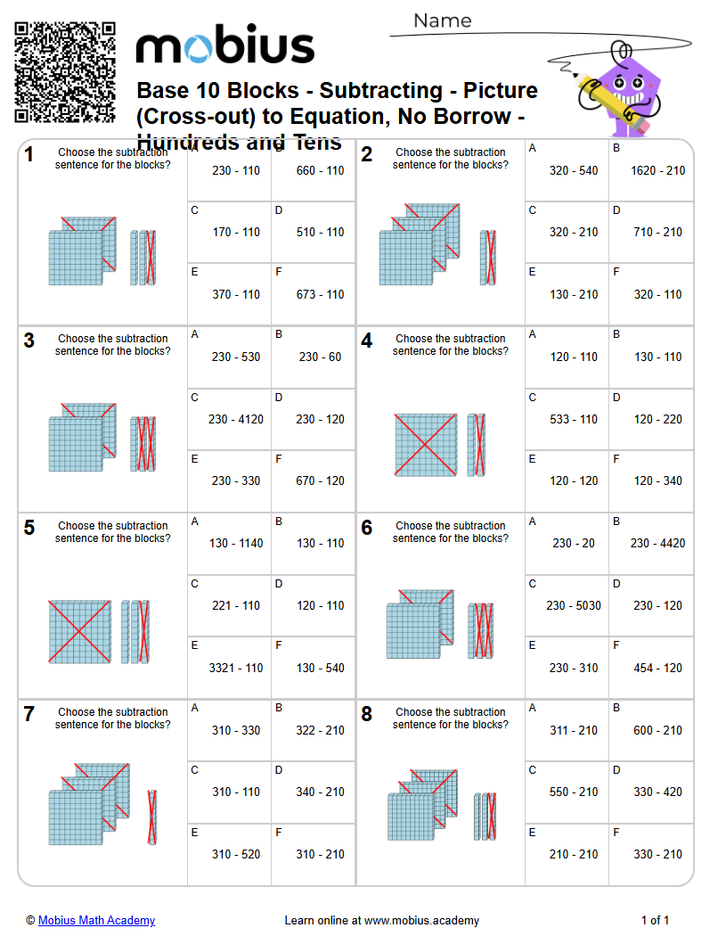 Base 10 Blocks - Subtracting - Picture (Cross-out) to Equation, No ...