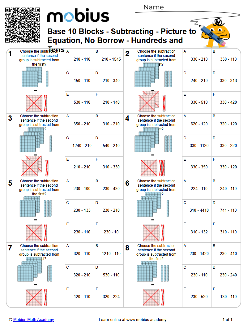 Base 10 Blocks - Subtracting - Picture to Equation, No Borrow ...