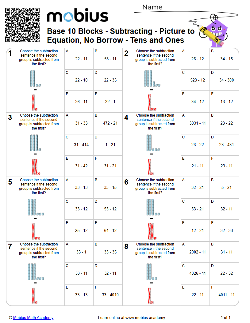 Base 10 Blocks - Subtracting - Picture to Equation, No Borrow - Tens ...