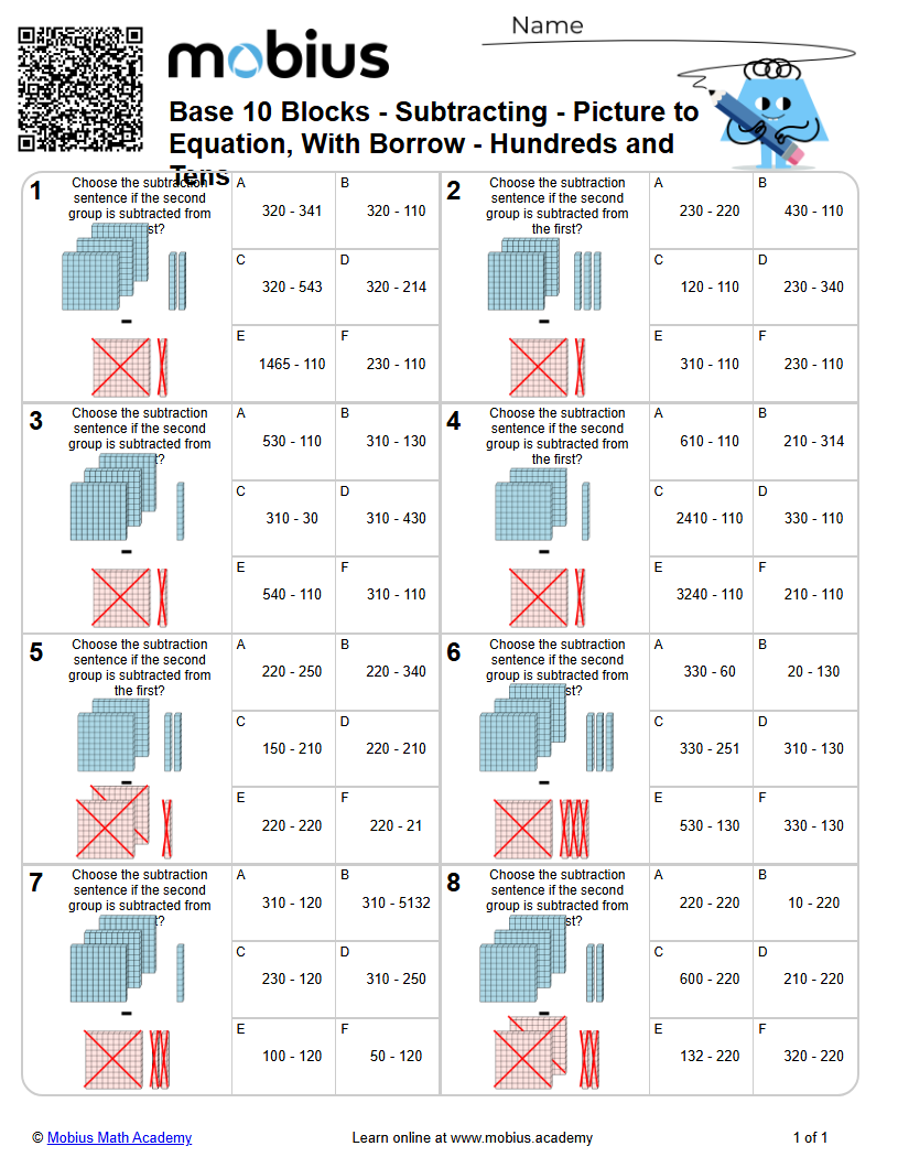 Base 10 Blocks - Subtracting - Picture to Equation, With Borrow ...