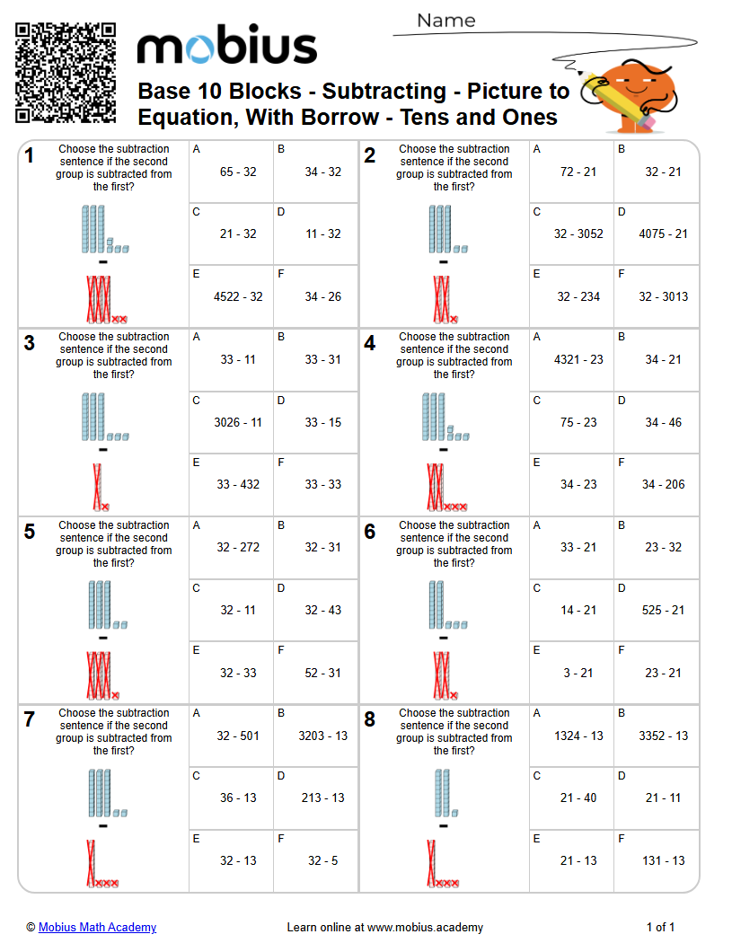 Base 10 Blocks - Subtracting - Picture to Equation, With Borrow - Tens ...