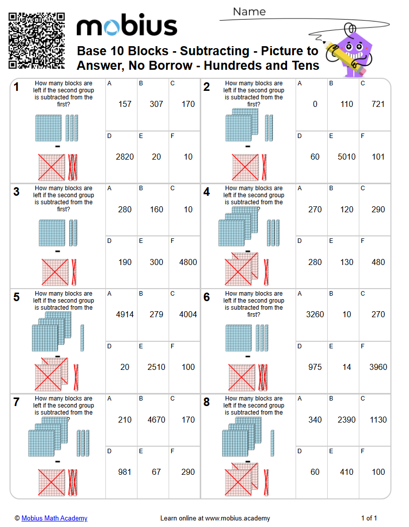 Base 10 Blocks - Subtracting - Picture to Answer, No Borrow - Hundreds ...