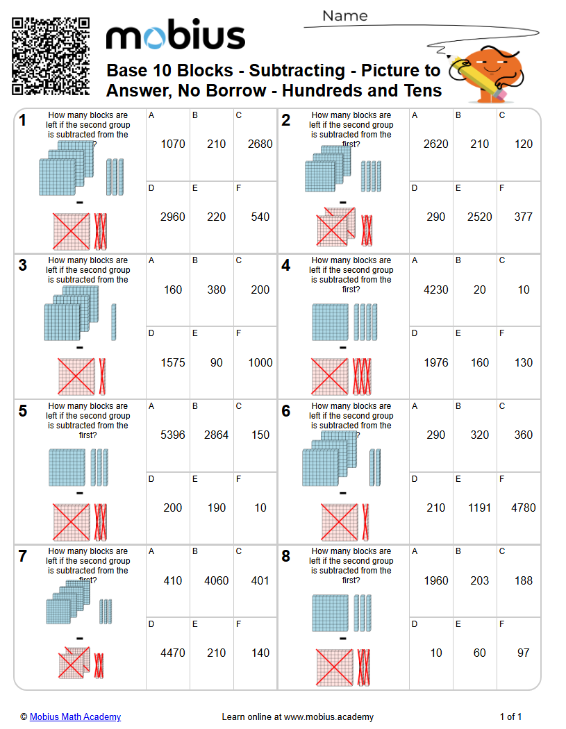 Base 10 Blocks - Subtracting - Picture to Answer, No Borrow - Hundreds ...