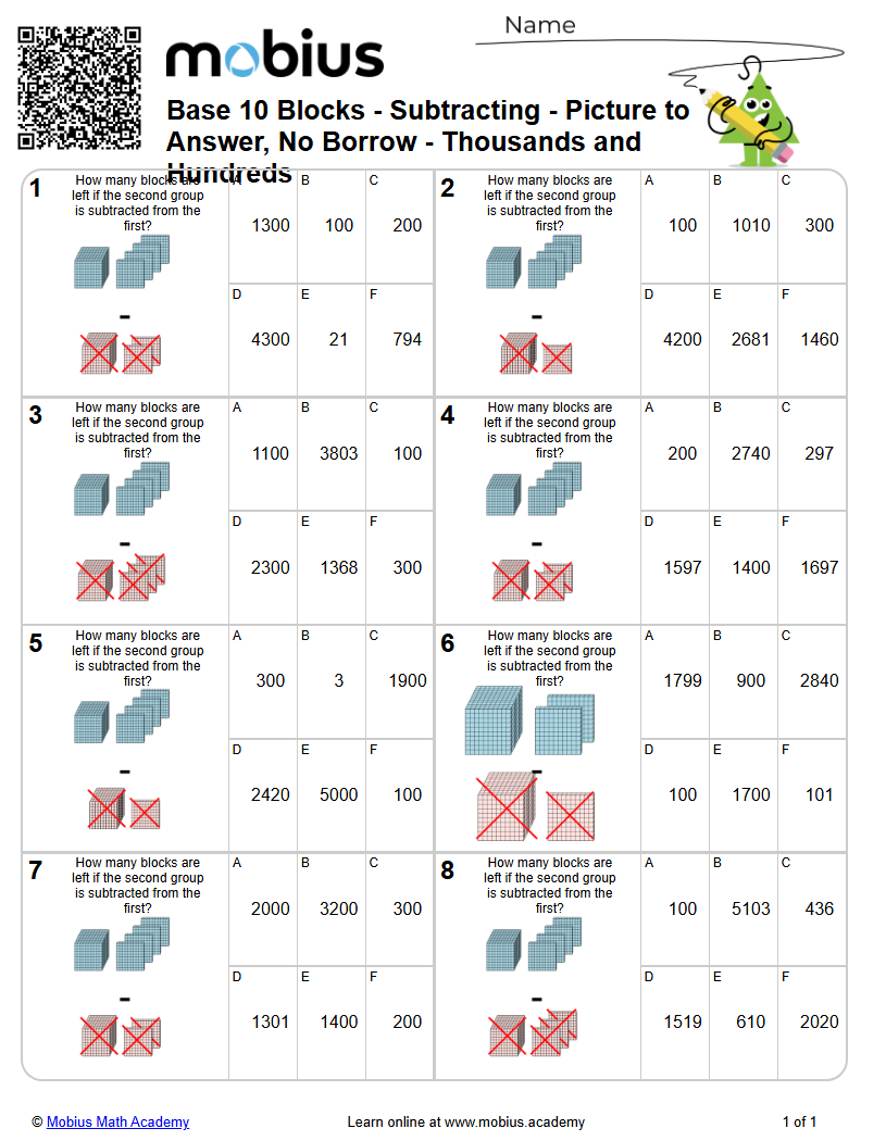 Base 10 Blocks - Subtracting - Picture to Answer, No Borrow - Thousands ...