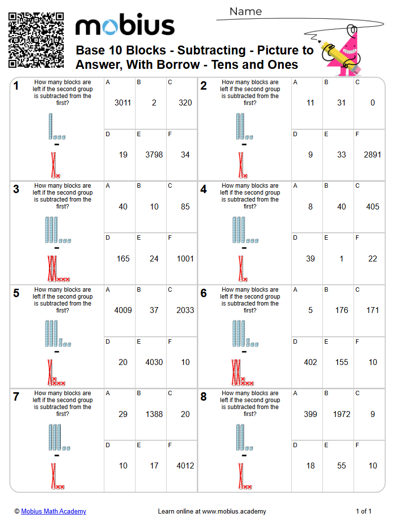 Base 10 Blocks - Subtracting - Picture to Answer, With Borrow - Tens ...