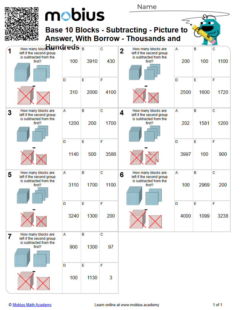 Base 10 Blocks - Subtracting - Picture to Answer, With Borrow ...