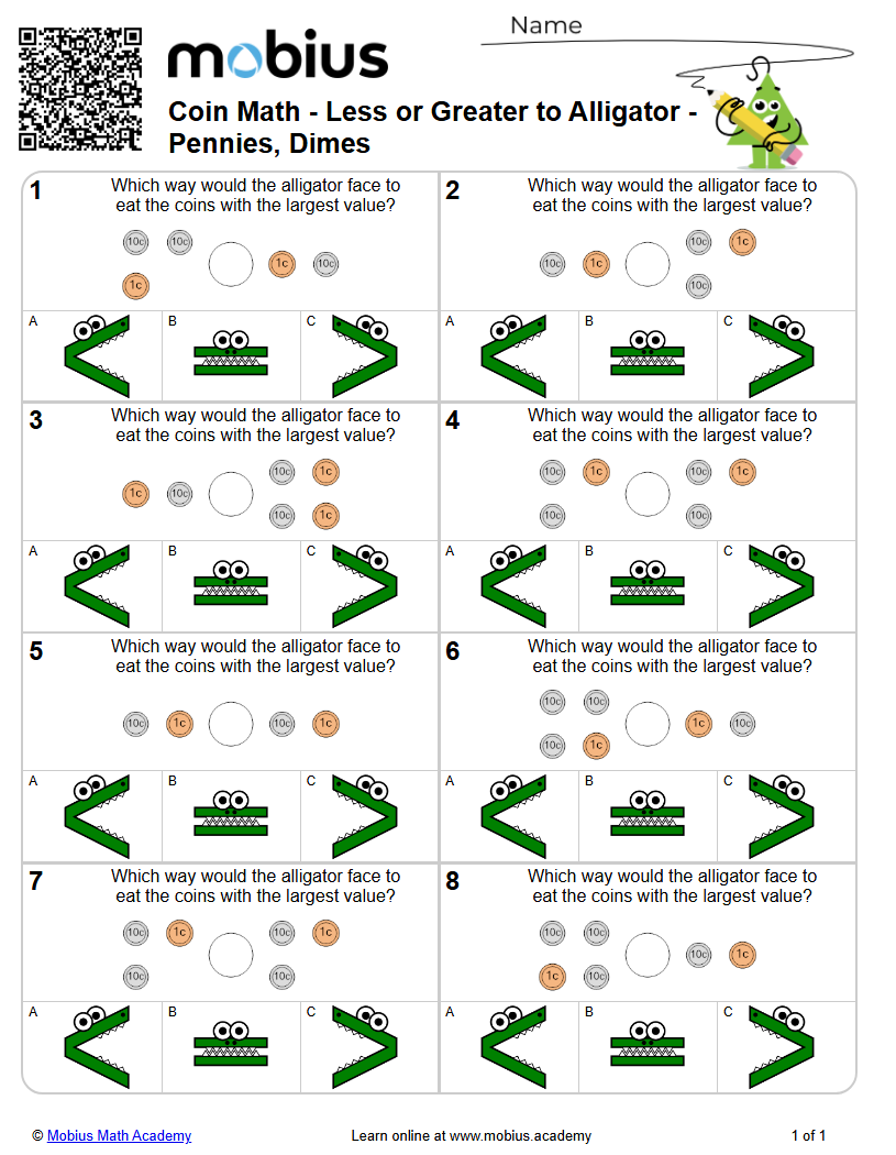 Coin Math | Less or Greater to Alligator - Pennies, Dimes (Level 1 ...