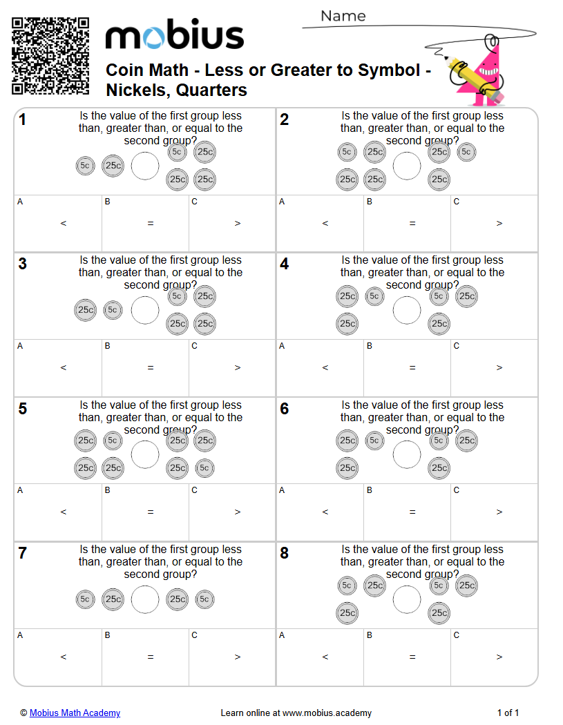 Coin Math - Less or Greater to Symbol - Nickels, Quarters (Level 1 ...