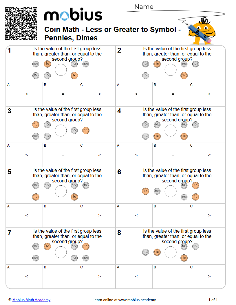 Coin Math - Less or Greater to Symbol - Pennies, Dimes (Level 1 ...