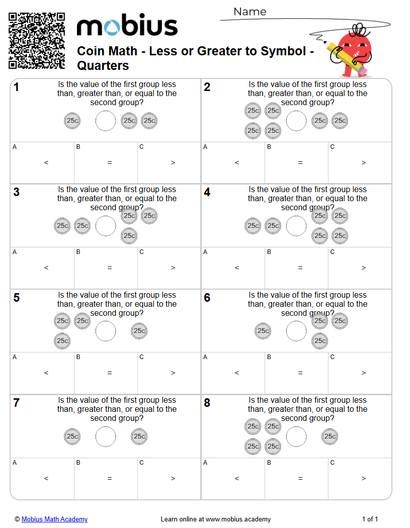 Coin Math - Less or Greater to Symbol - Quarters (Level 1) - Mobius ...