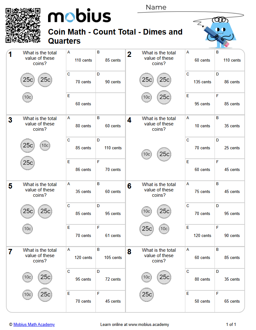 Coin Math - Count Total - Dimes and Quarters (Level 1) - Mobius Math ...