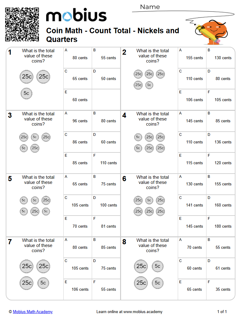 Coin Math - Count Total - Nickels and Quarters (Level 2) - Mobius Math ...