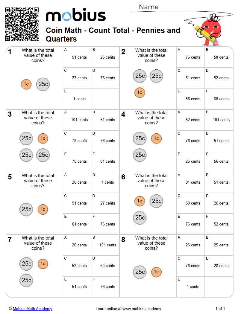 Coin Math - Count Total - Pennies and Quarters (Level 1) - Mobius Math ...