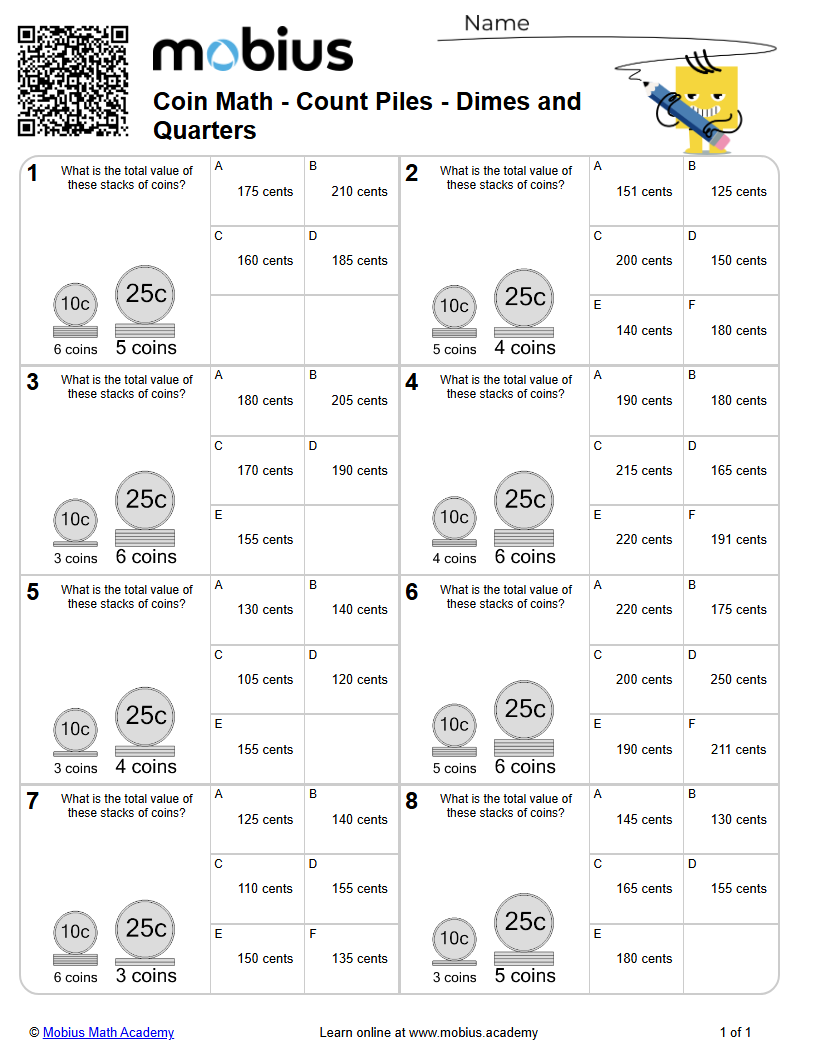 Coin Math - Count Piles - Dimes and Quarters (Level 2) - Mobius Math ...