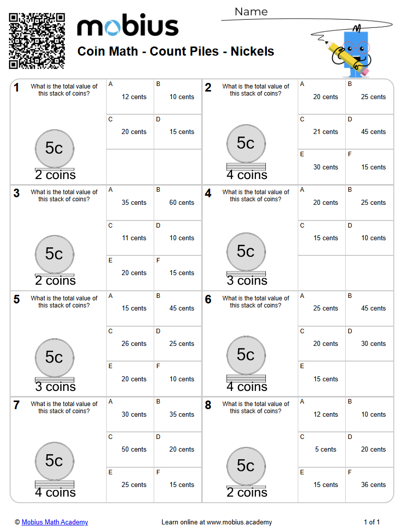 Coin Math - Count Piles - Nickels (Level 1) - Mobius Math Academy