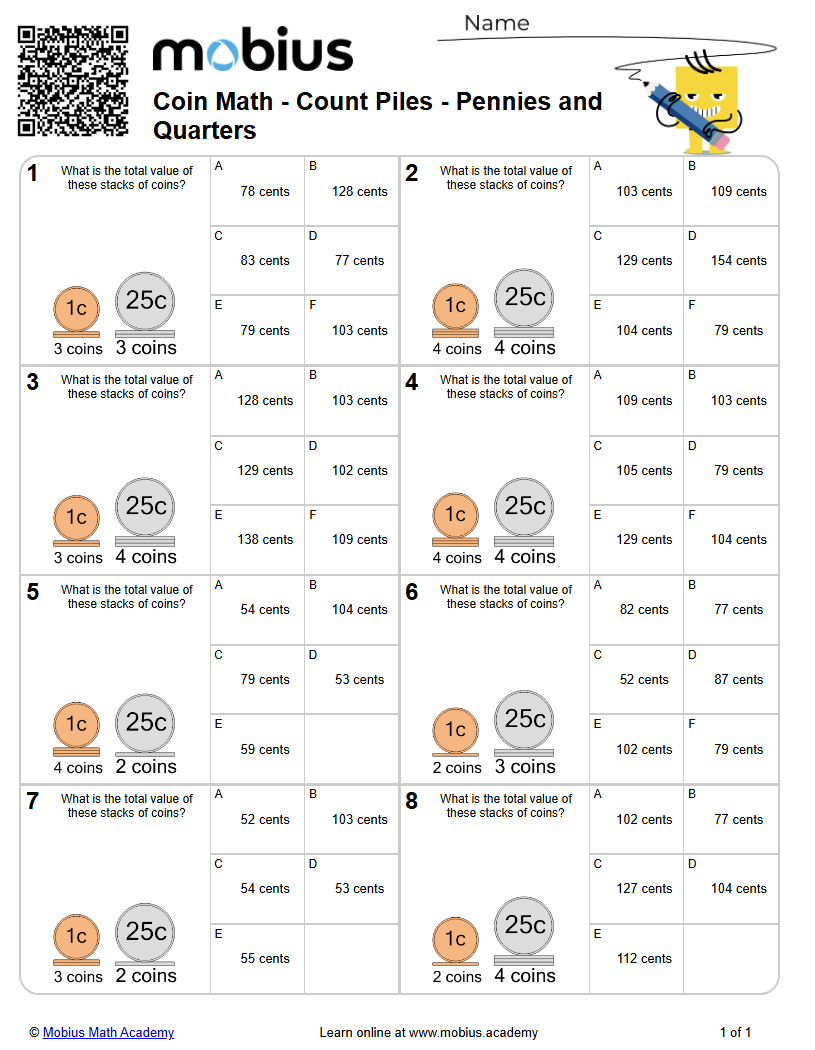 Coin Math - Count Piles - Pennies and Quarters (Level 1) - Mobius Math ...
