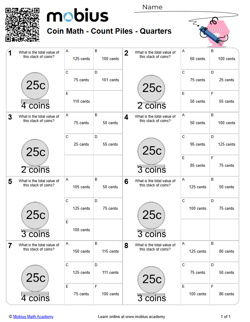 Coin Math - Count Piles - Quarters (Level 1) - Mobius Math Academy