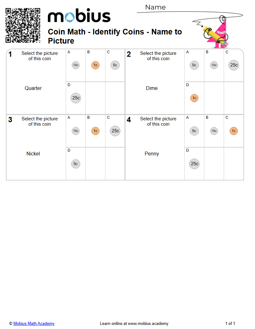 Identify Coins - Name to Picture (Level 1) | Place Value | Grade 0 Math ...