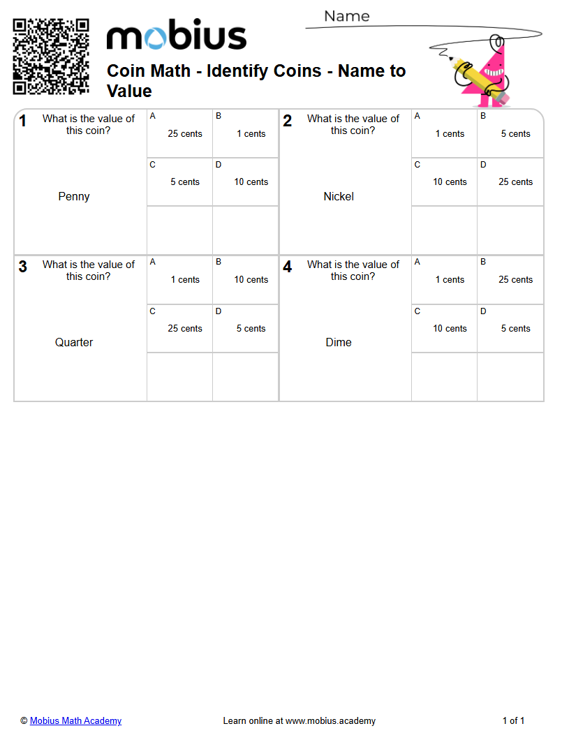 Identify Coins - Name to Value (Level 1) | Place Value | Grade 0 Math ...