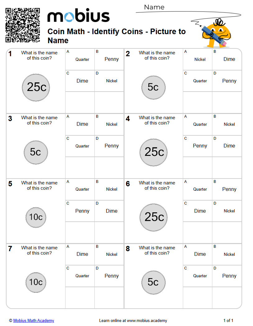 Coin Math | Identify Coins - Picture to Name (Level 1) | Grade 0 Math ...