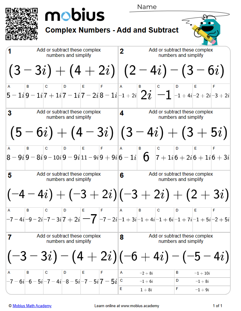 Complex Numbers - Add and Subtract (Level 1) - Mobius Math Academy