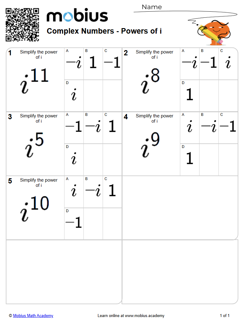 Mobius Math Academy - Complex Numbers - Powers of i (Level 2)