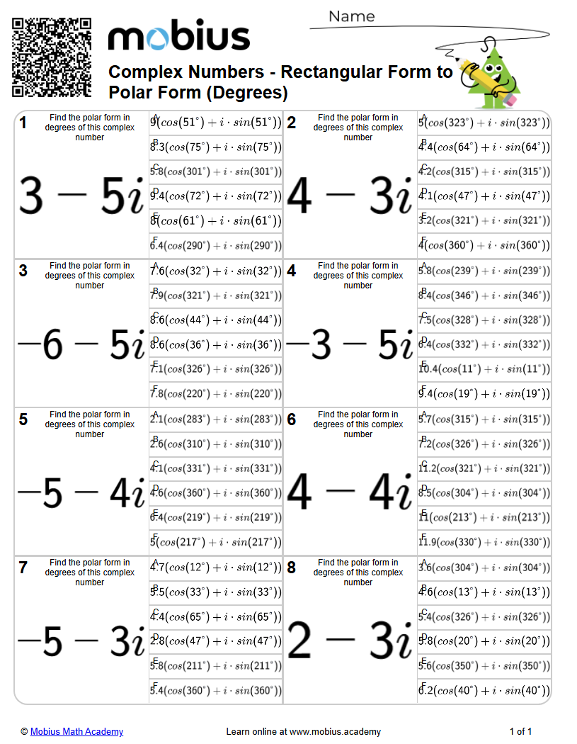 Complex Numbers - Rectangular Form to Polar Form (Degrees) (Level 1) - Mobius Math Academy