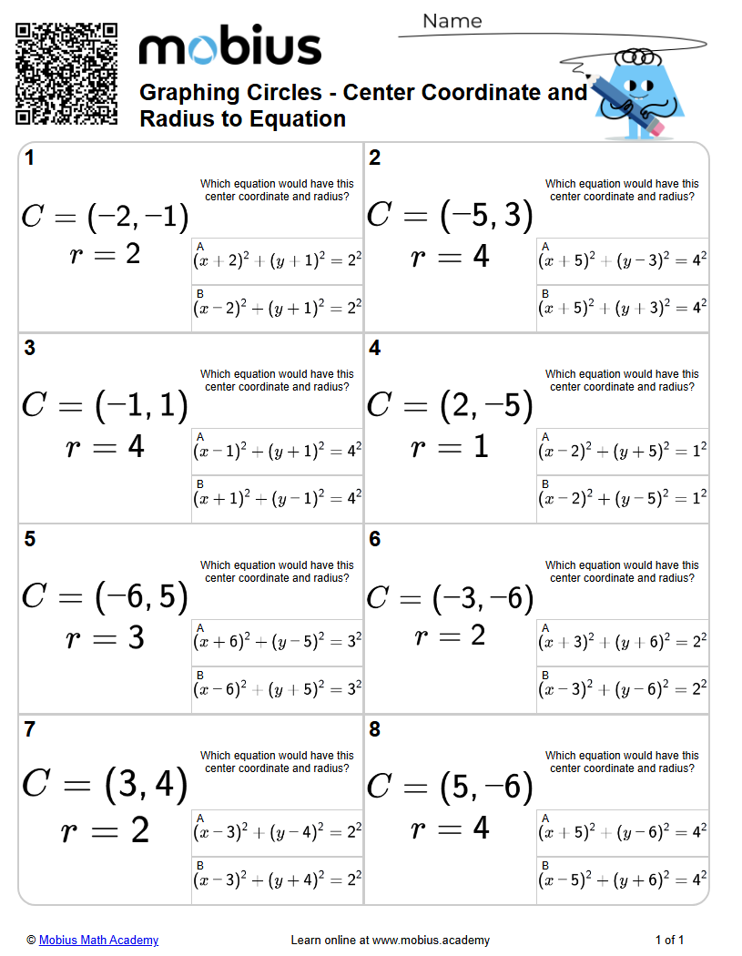 Graphing Circles - Center Coordinate and Radius to Equation (Level 1 ...