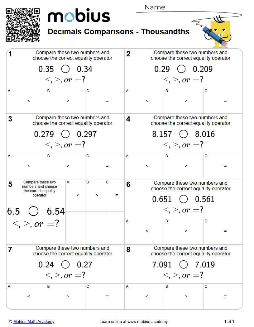 Decimals Comparisons - Thousandths | Level 1 | Grades 4-5 Math ...