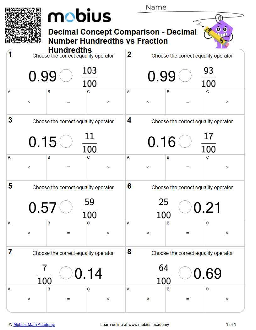 Decimal Concept Comparison - Decimal Number Hundredths vs Fraction ...