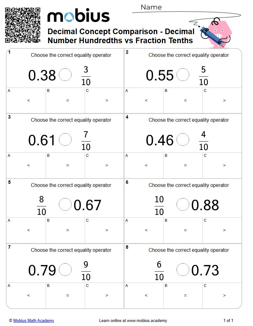 Level 1 | Fractions/Decimals | Grade 4 Math Worksheets - Mobius Math ...