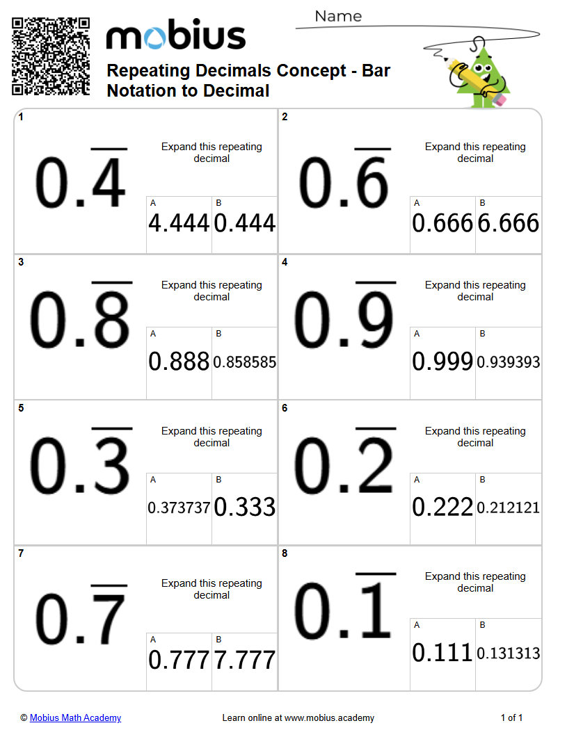 Repeating Decimals Concept - Bar Notation to Decimal | Level 1 | Grades ...