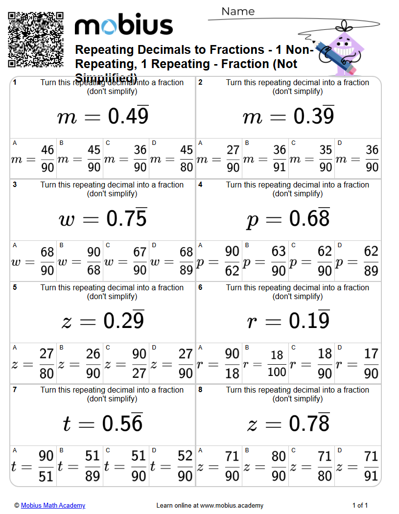 Level 1 | Fractions/Decimals | Grades 8-10 Math Worksheets - Mobius ...