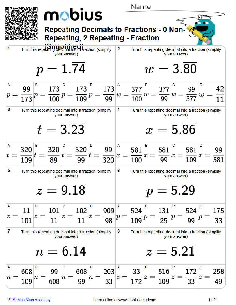 Level 2 | Fractions/Decimals | Grades 8-10 Math Worksheets - Mobius ...