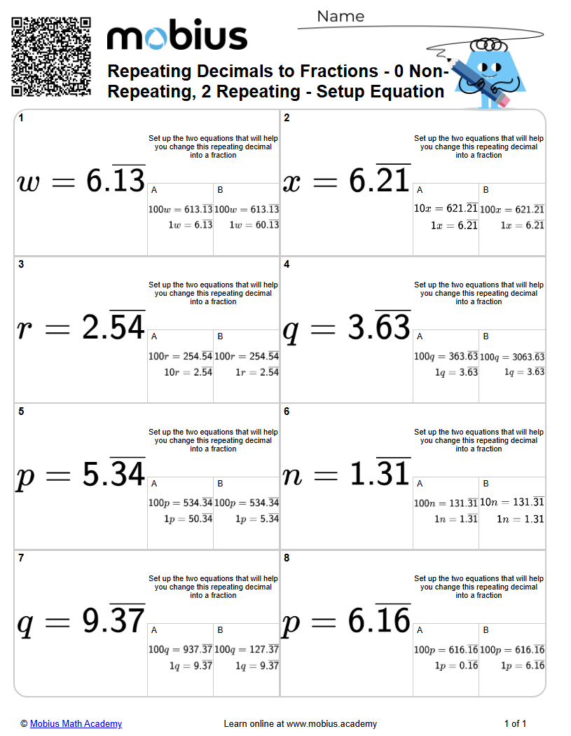 Level 2 | Fractions/Decimals | Grades 8-10 Math Worksheets - Mobius ...
