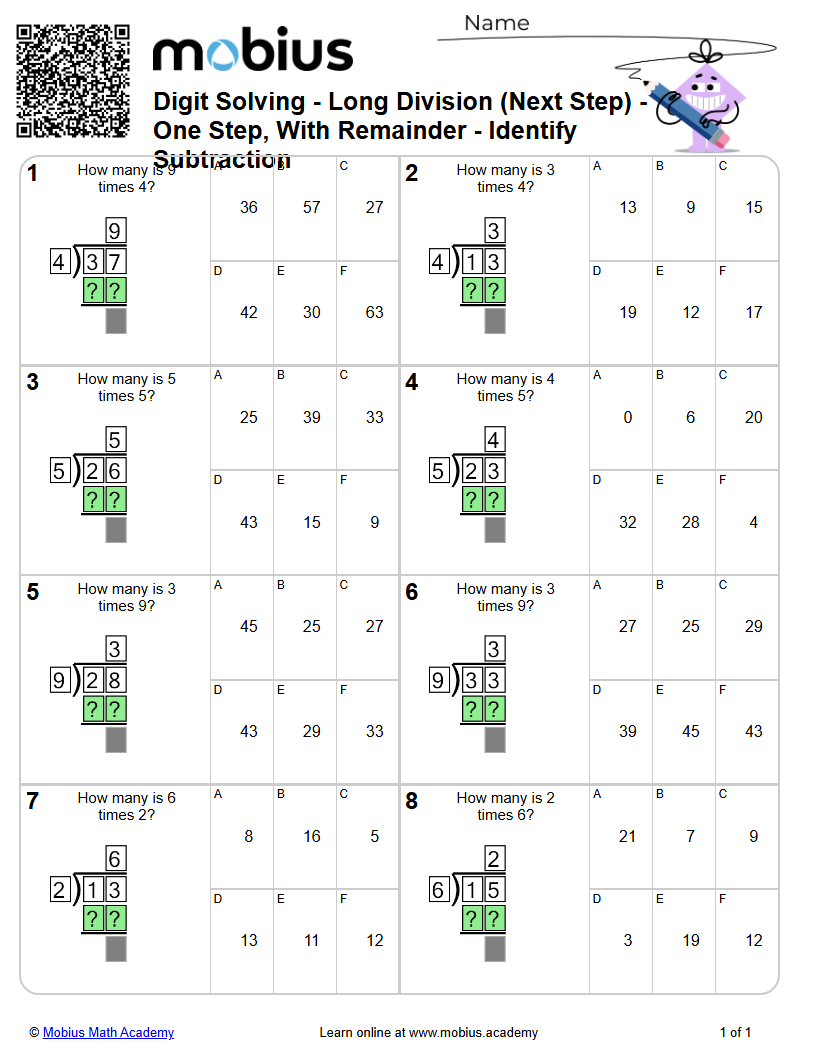 Digit Solving - Long Division (Next Step) - One Step, With Remainder ...