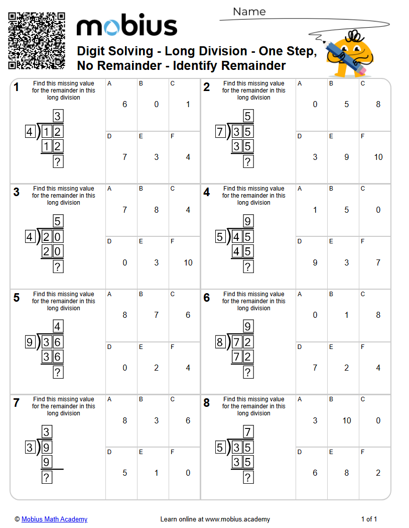 Digit Solving - Long Division - One Step, No Remainder - Identify ...