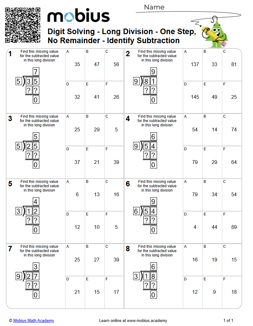 Digit Solving - Long Division - One Step, No Remainder - Identify ...