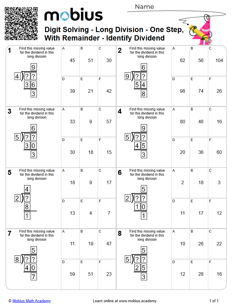 Digit Solving - Long Division - One Step, With Remainder - Identify ...