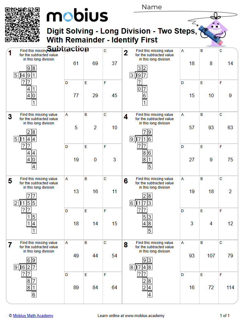 Digit Solving - Long Division - Two Steps, With Remainder - Identify ...