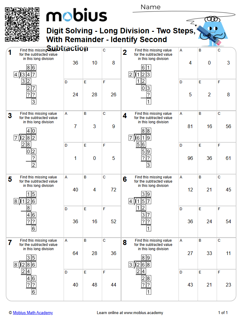 Digit Solving - Long Division - Two Steps, With Remainder - Identify ...