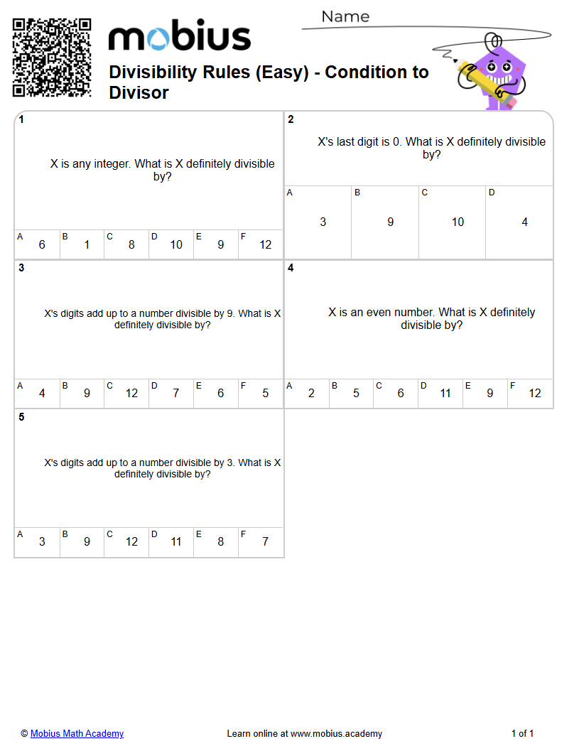 Divisibility Rules (Easy) - Condition to Divisor (Level 2) - Mobius ...