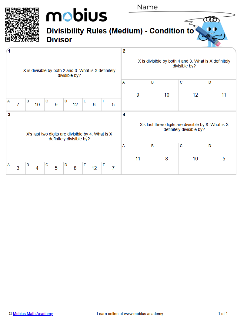 Divisibility Rules (Medium) - Condition to Divisor (Level 1) - Mobius ...