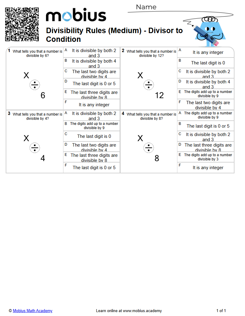 Divisibility Rules (Medium) - Divisor to Condition (Level 1) - Mobius ...