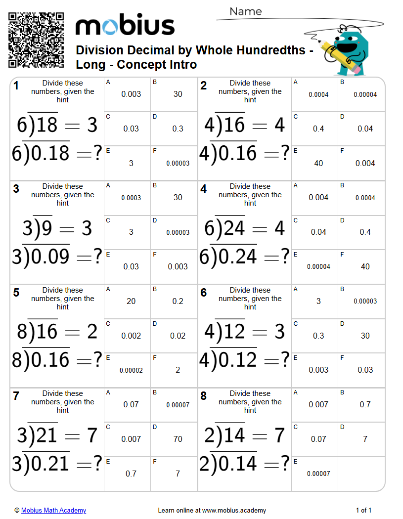 Level 1 | Fractions/Decimals | Grade 5 Math Worksheets - Mobius Math ...