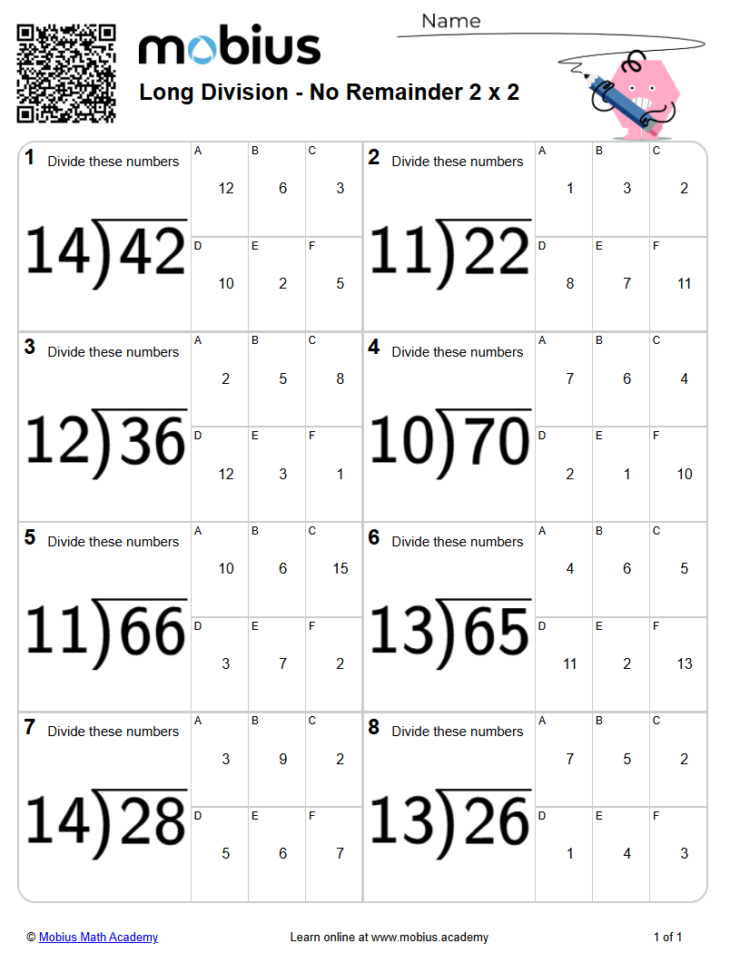 Long Division - No Remainder 2 x 2 (Level 1) - Mobius Math Academy