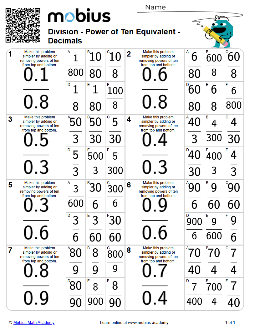 Division - Power of Ten Equivalent - Decimals (Level 1) - Mobius Math ...