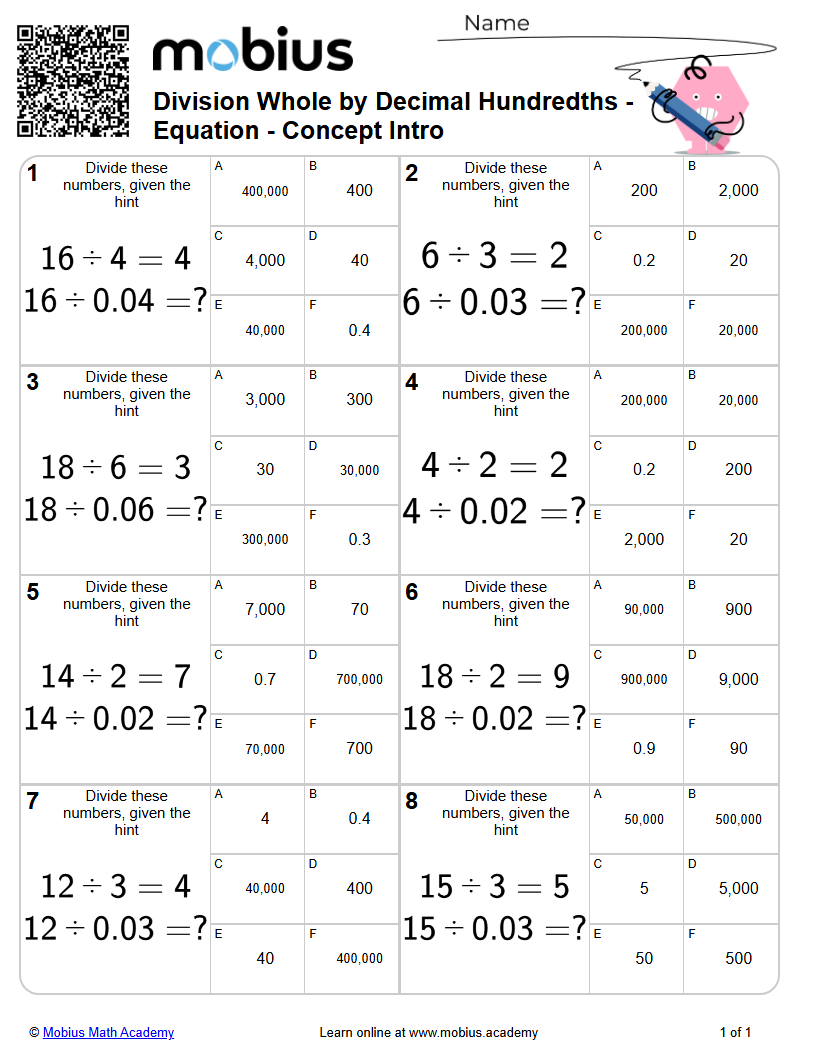 Level 1 | Fractions/Decimals | Grade 5 Math Worksheets - Mobius Math ...