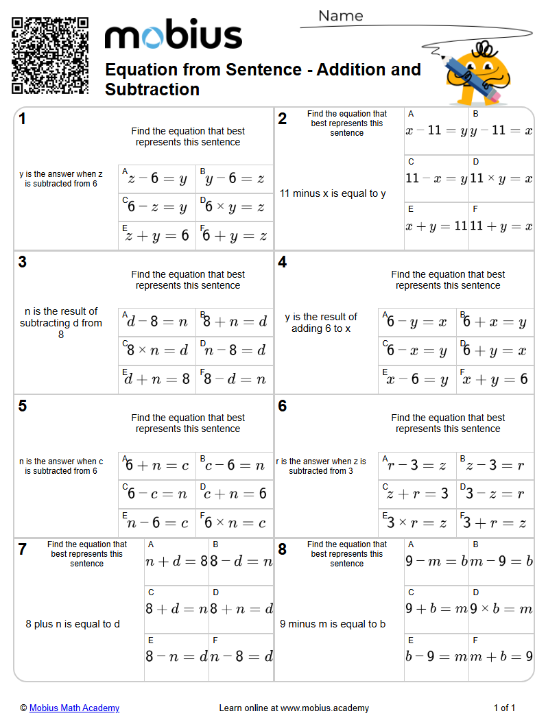Equation from Sentence - Addition and Subtraction (Level 1) - Mobius ...